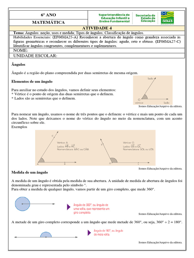 6o Mat Atividade 4 Angulos Nocao Usos e Medida Tipos de Angulos Classificacao de Angulos 1 ...