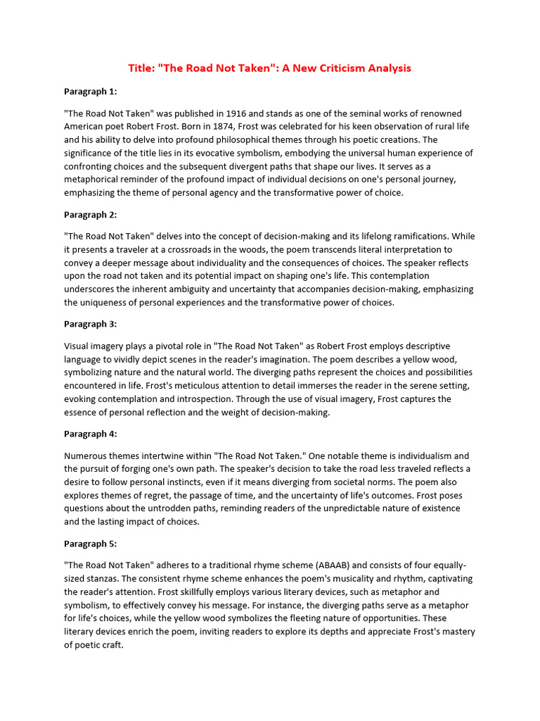 The Road Not Taken Analysis | PDF | Poetry