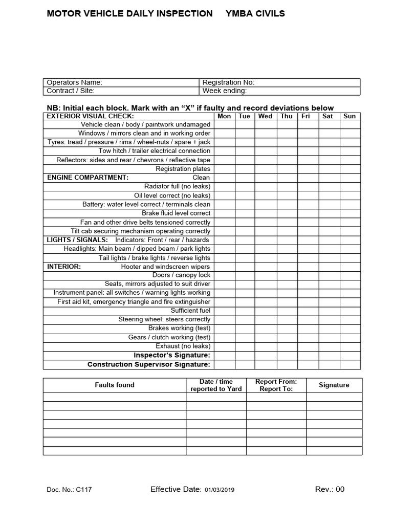 1.0 Motor Vehicle Daily Checklist | PDF | Car Body Styles | Vehicles