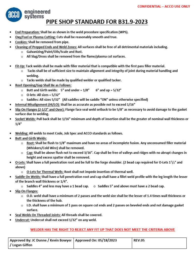 Pipe Shop Standard For B31.9 - REV.05-2023 | PDF | Welding | Construction