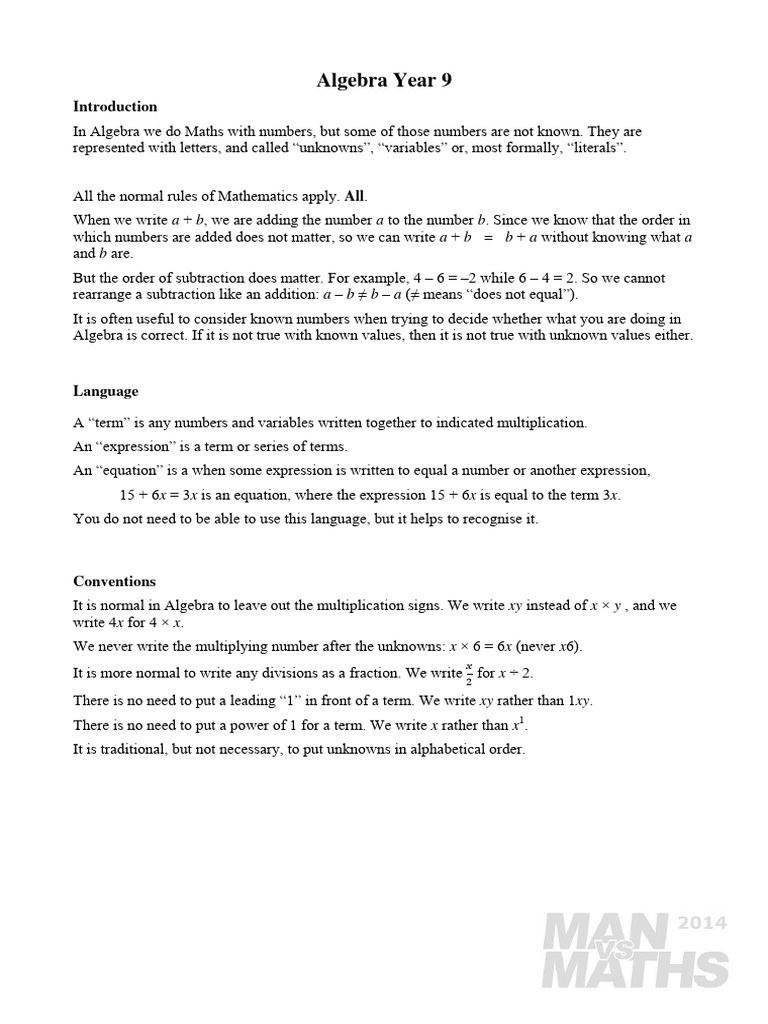 Y9 Algebra Notes | PDF | Algebra | Equations