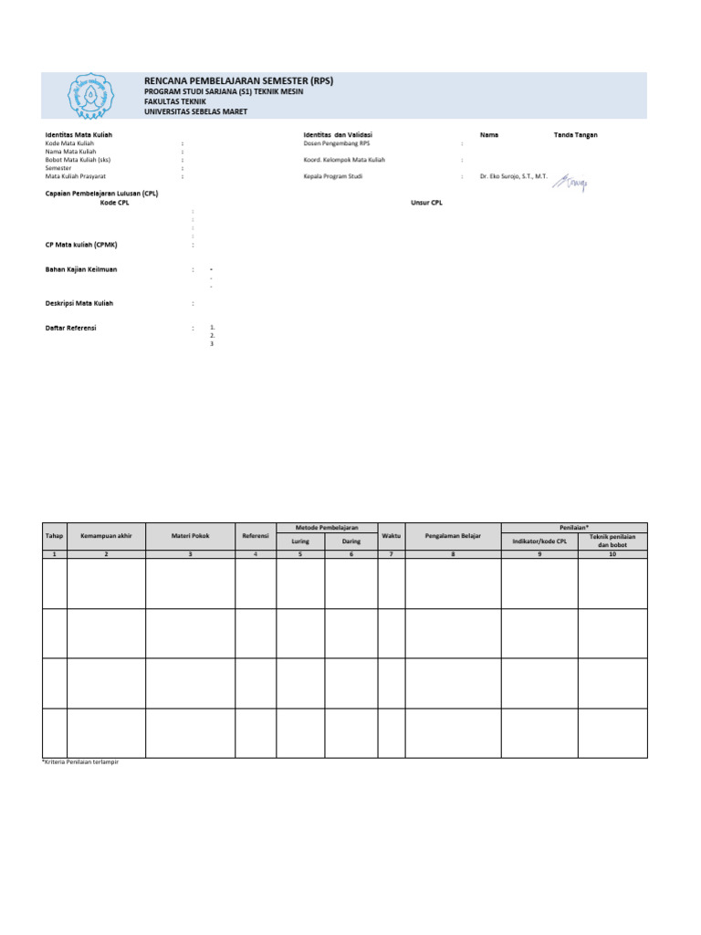 Form RPS Sarjana Teknik Mesin Yang Baru 2020 | PDF