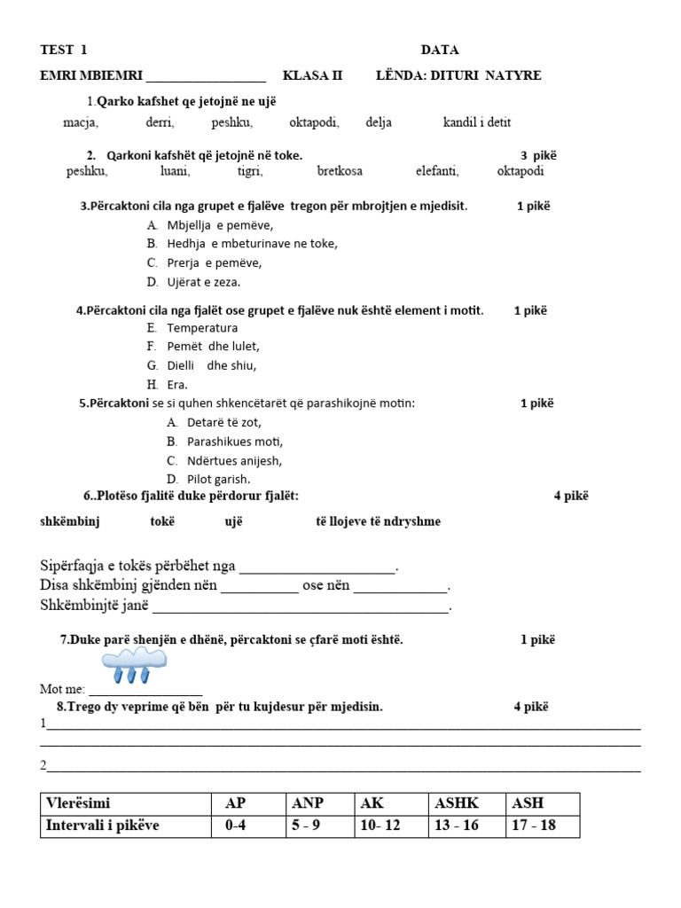 Test Dituri Natyre, Klasa 2.shtator-Dhjetor - Klodi | PDF