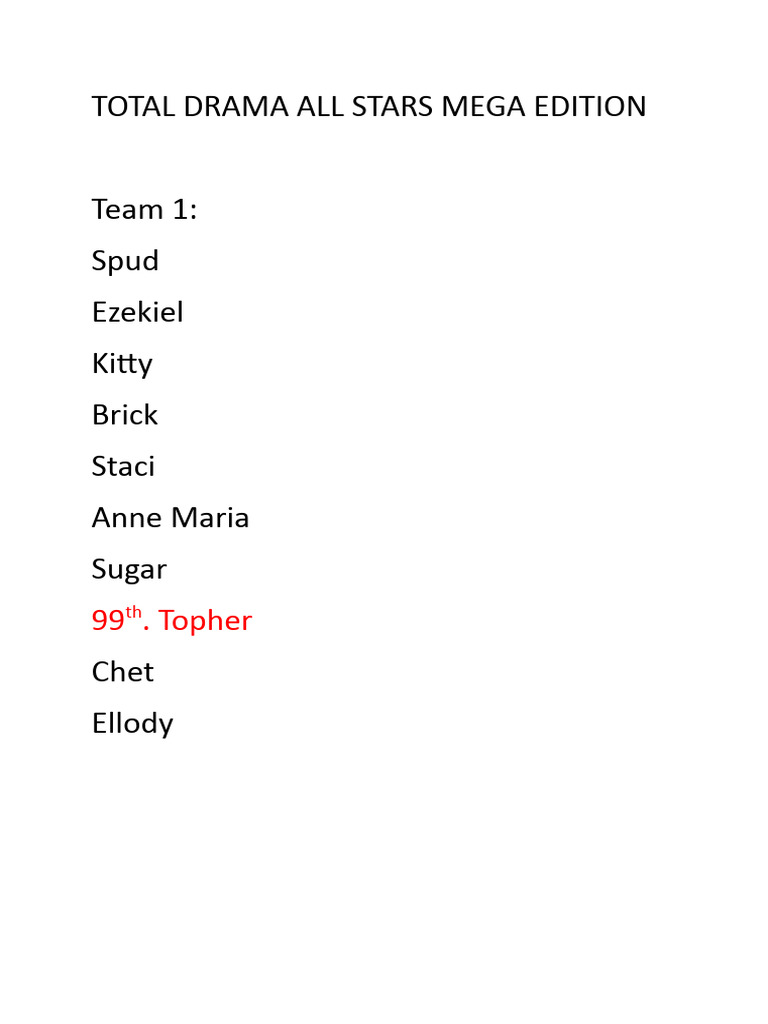 Total Drama All Stars Team Lineup | PDF