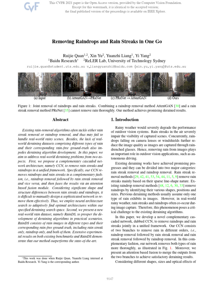 Quan Removing Raindrops and Rain Streaks in One Go CVPR 2021 Paper | PDF | Deep Learning | Computing