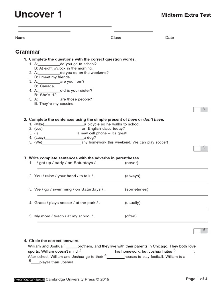 Uncover 1 Midterm Extra Test Guide | PDF | Linguistics