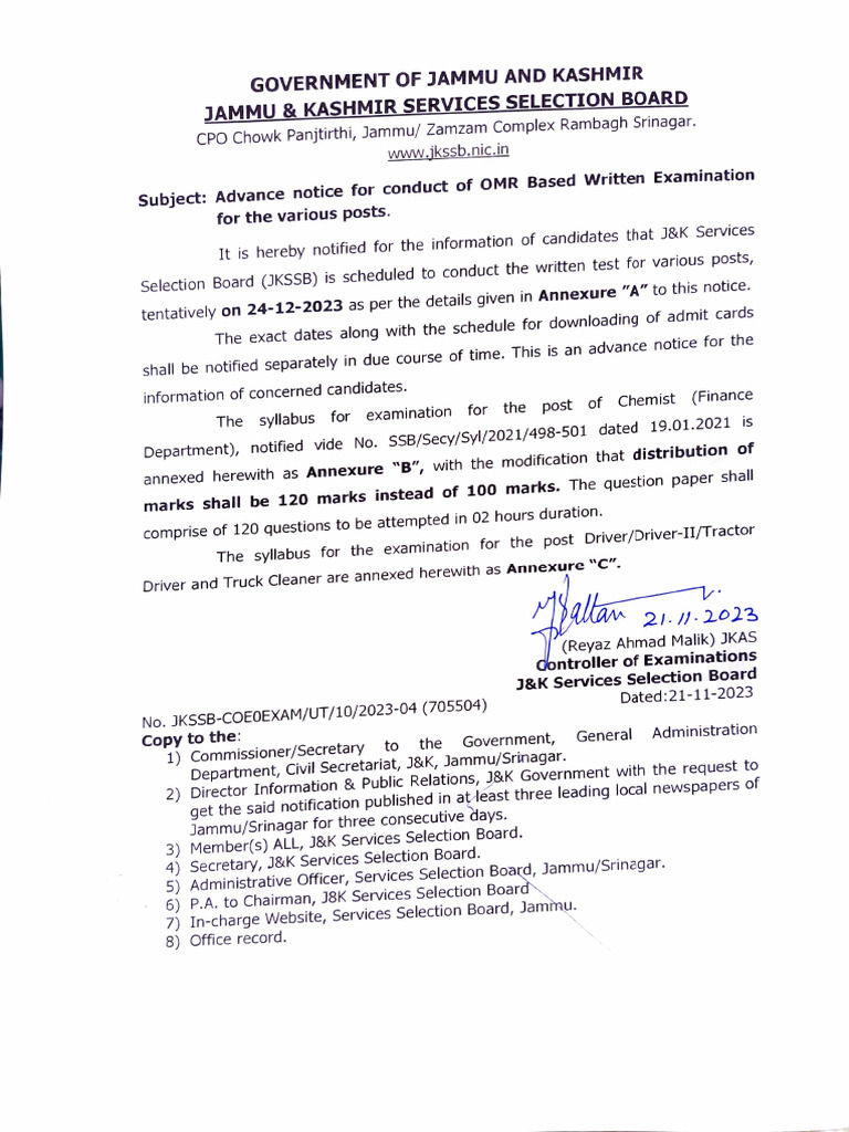 Advance Notice For The Post of Chemist Driver and Truck Cleaner ...