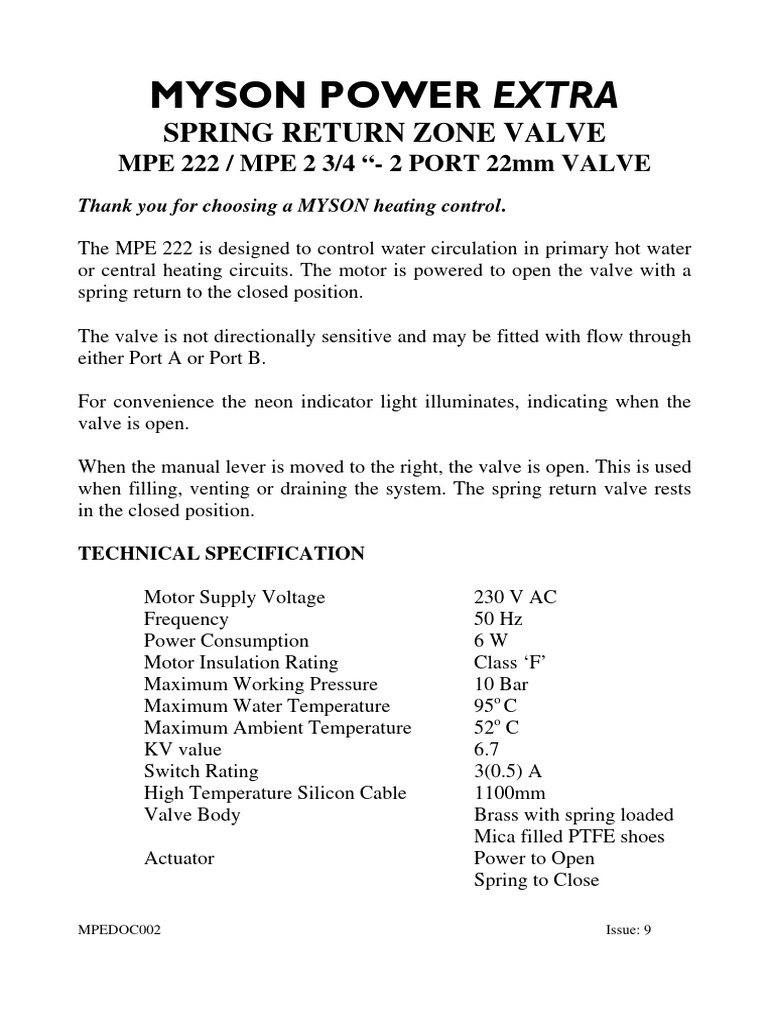 MPE222 Installation Sheet Sept 2009 | PDF | Valve | Electrical Wiring