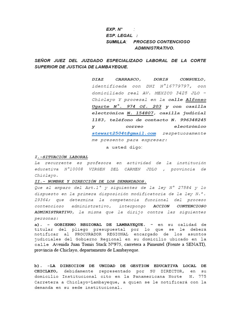 Demanda 105 - Diaz Carranza Doris . | PDF | Demanda judicial | Gobierno