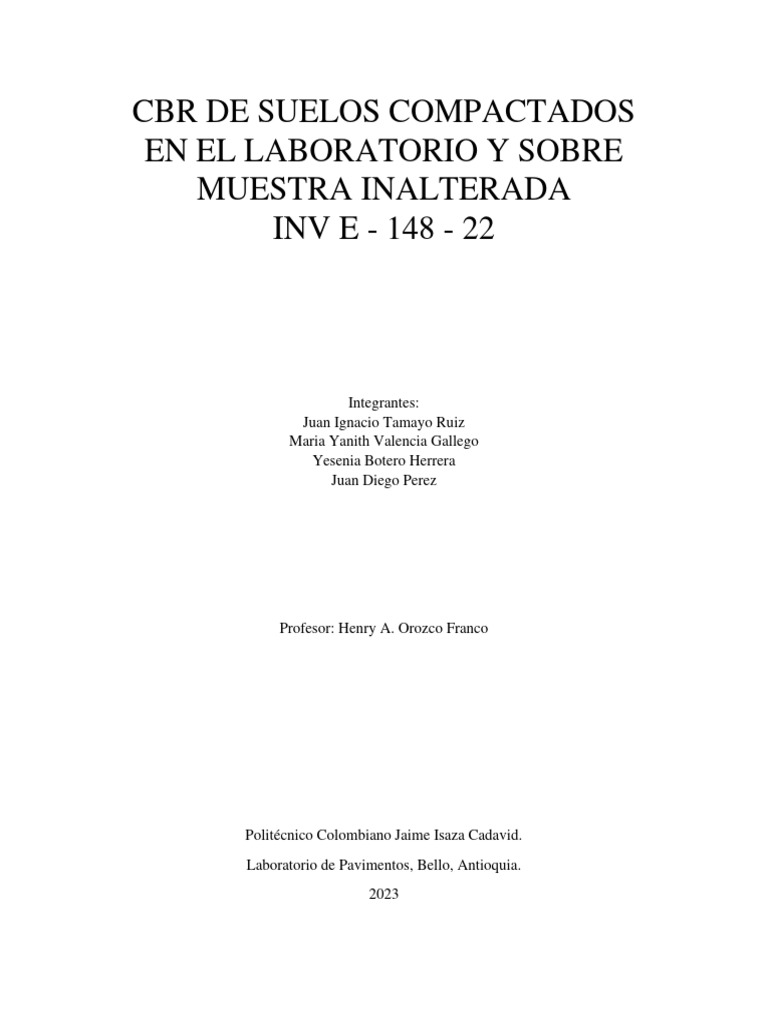 CBR de Suelos Compactados en El Laboratorio Y Sobre Muestra Inalterada INV E - 148 - 22 | PDF