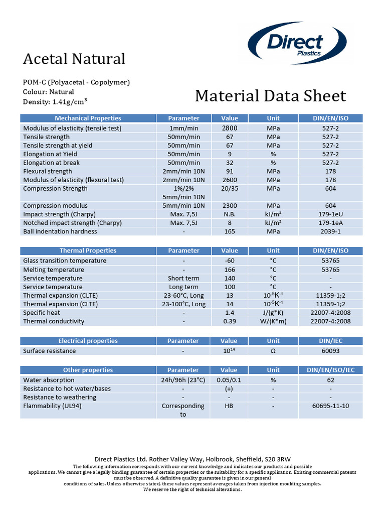 Acetal Natural Data Sheet | PDF | Strength Of Materials | Young's Modulus