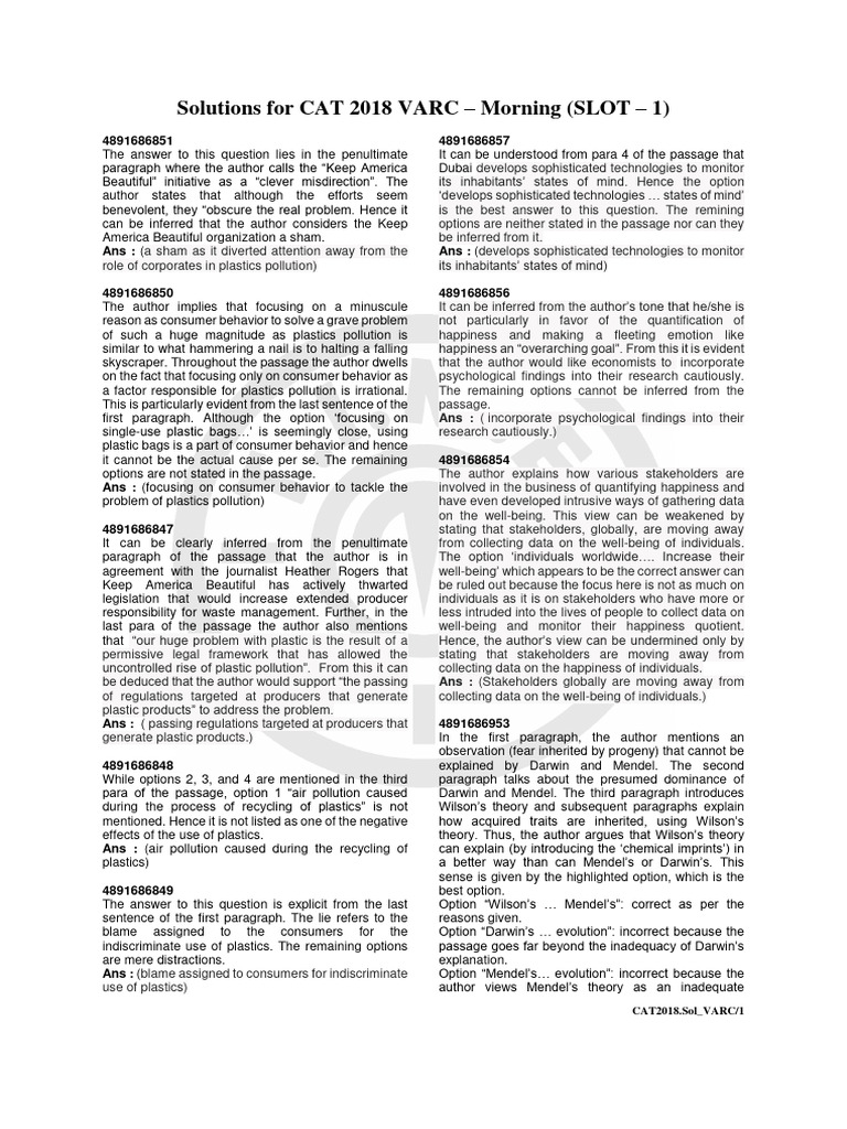 CAT2018 Slot-1 VARC Solutions | PDF | Evolution | Charles Darwin