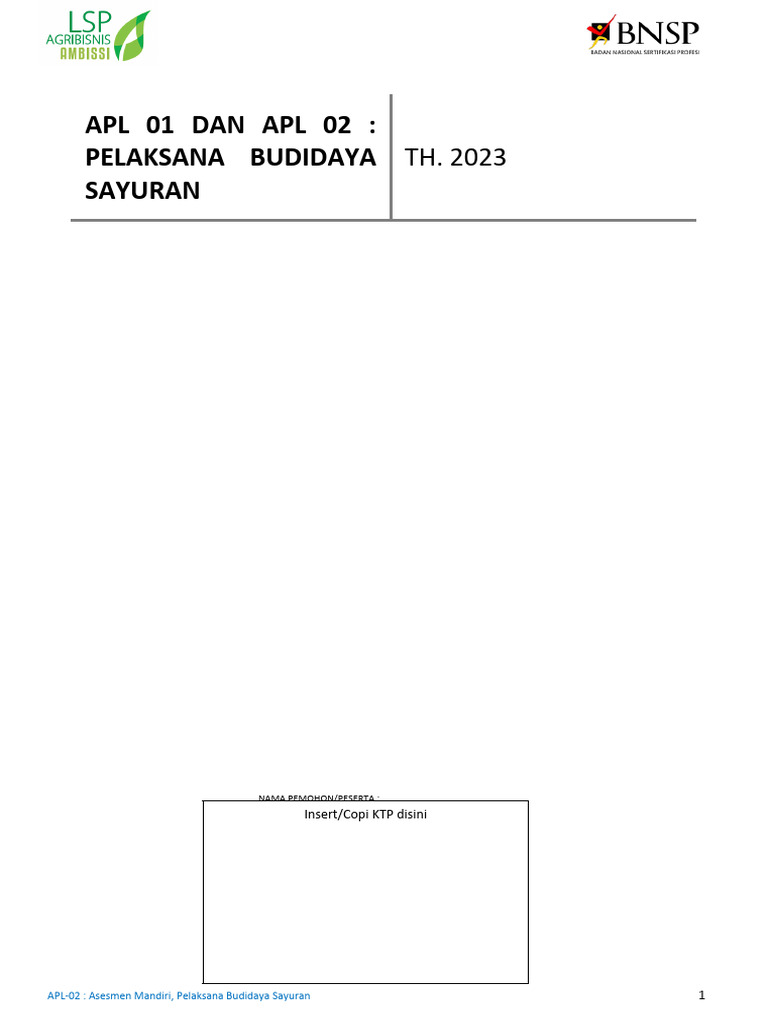APL 01 Dan APL 02 Pelaksana Budidaya Sayuran, 24 OKT 2023 | PDF