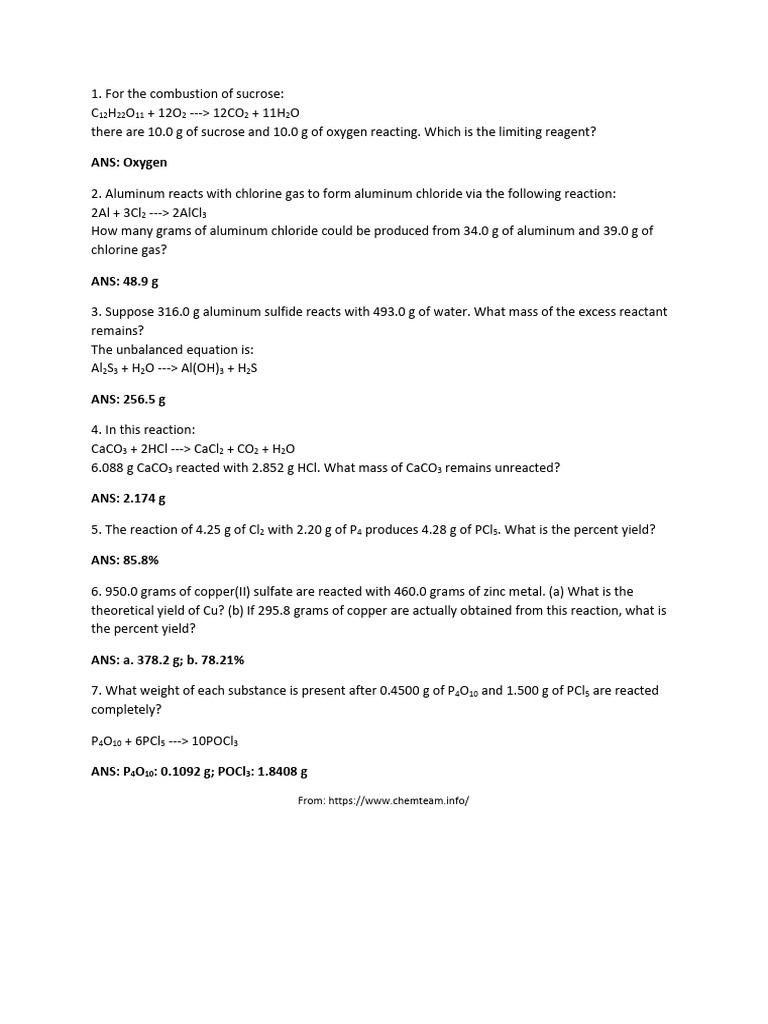 Chemistry Stoichiometry Problems | PDF