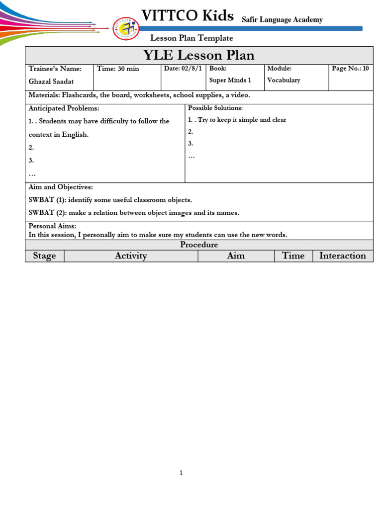 VITTCO Lesson Plan Template-Ghazal Saadat-Tp 1 | PDF | Vocabulary | Behavior Modification