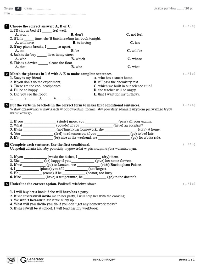 Pierwszy Tryb Warunkowy Kartkówka | PDF | Linguistic Morphology | Language Mechanics