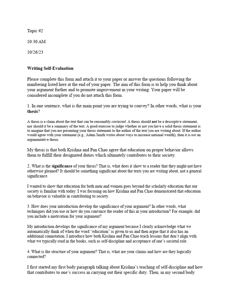 Writing Self Evaluation 2 | PDF | Thesis | Human Communication