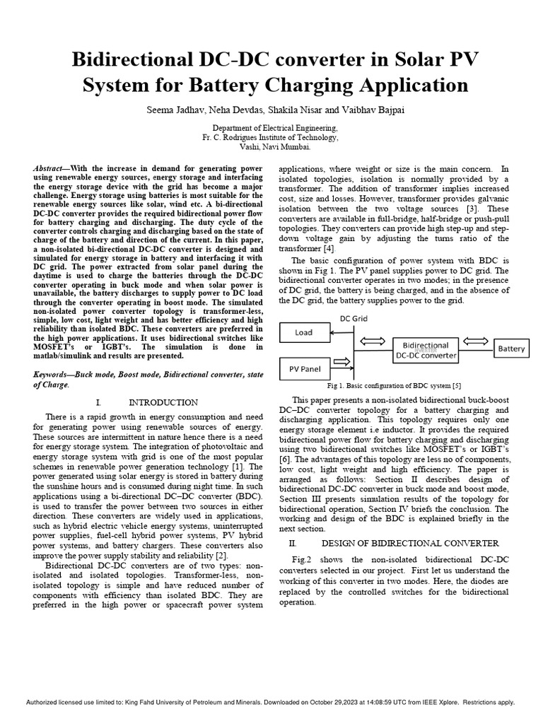 Bidirectional DC-DC Converter in Solar PV System For Battery Charging Application | PDF ...