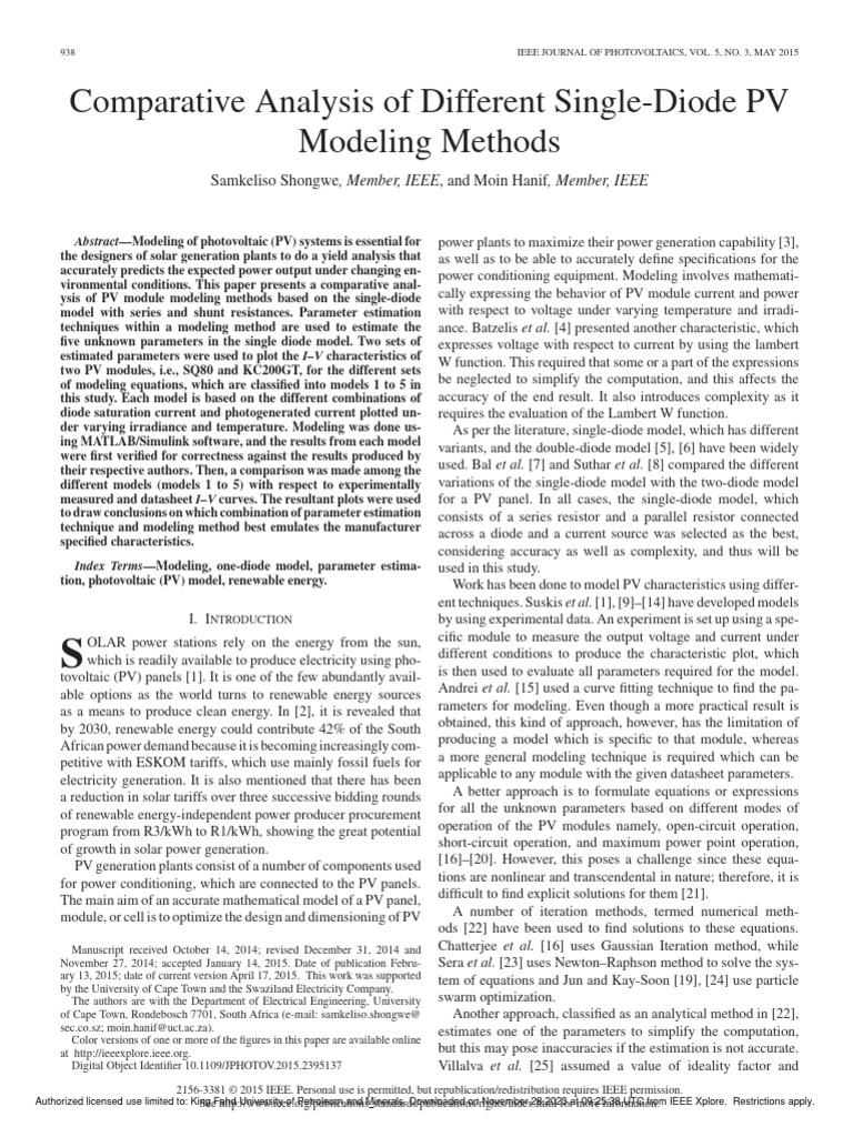 Comparative Analysis Of Different Single Diode Pv Modeling Methods Pdf Photovoltaics
