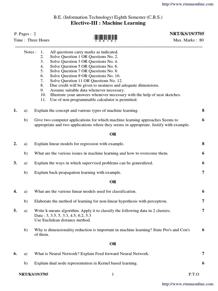 It 8 Sem Machine Learning 3705 Summer 2019 | PDF | Machine Learning ...