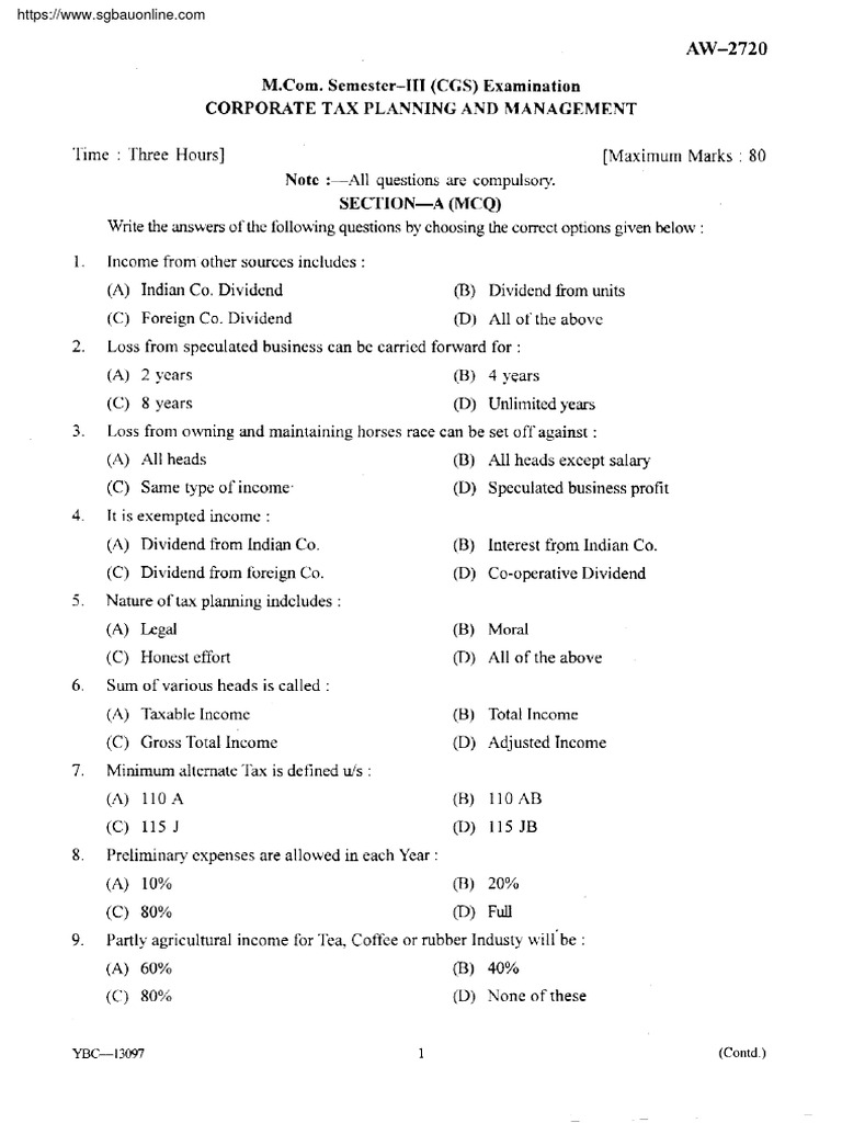 M.Com Corporate Tax Exam | PDF | Income | Corporate Tax