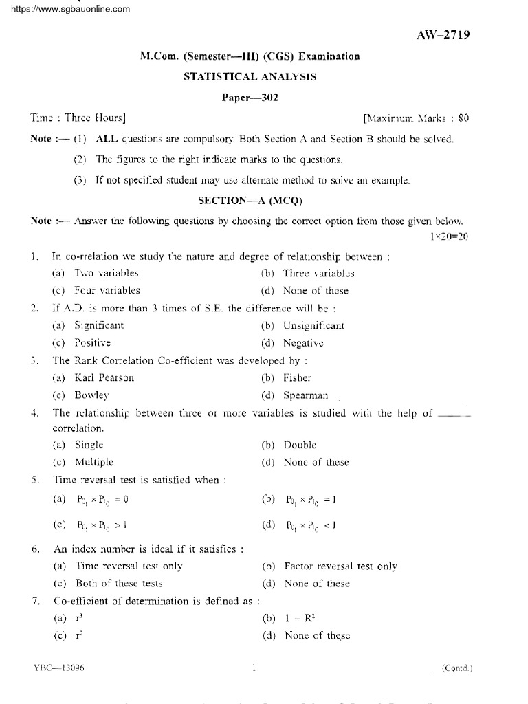 Mcom 3 Sem Statistical Analysis Cgs S 2019 | PDF | Analysis | Probability