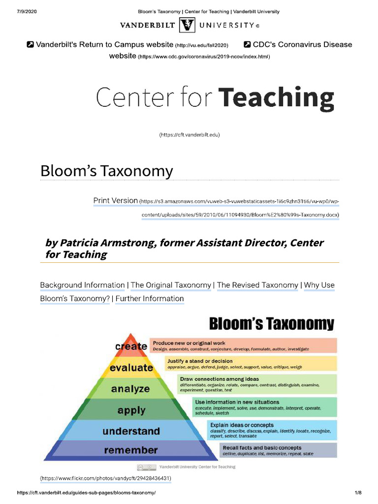 Bloom's Taxonomy - Center For Teaching - Vanderbilt University | PDF