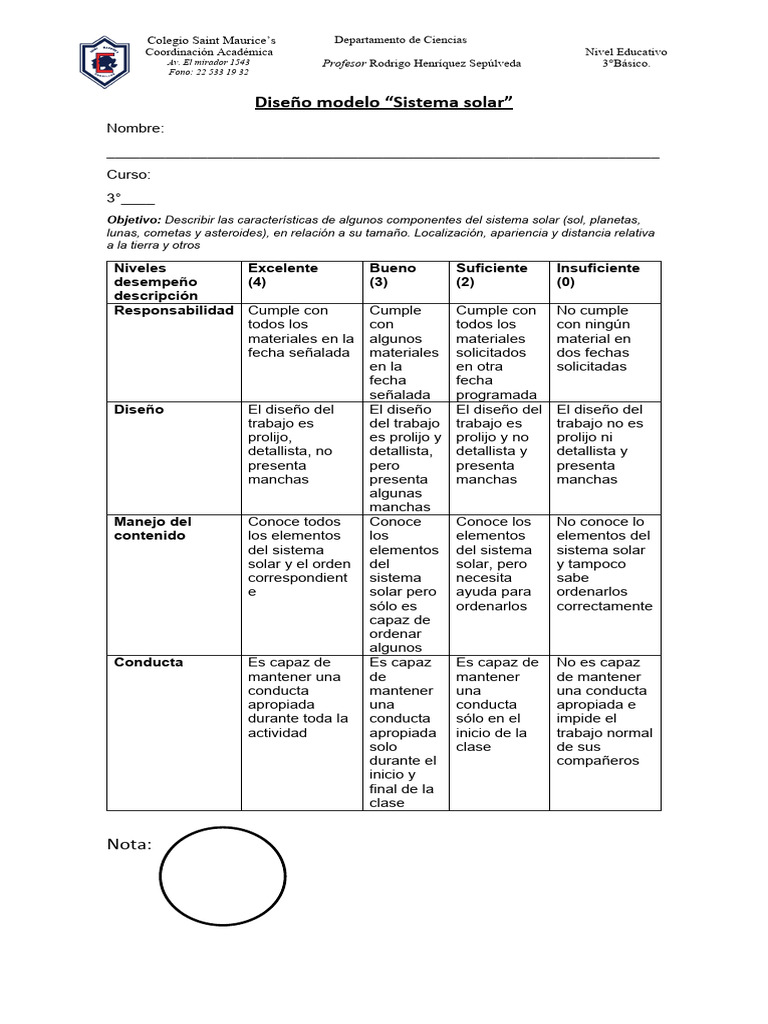 Rúbrica Modelo Sistema Solar | Descargar gratis PDF | Sistema solar | Ciencia planetaria
