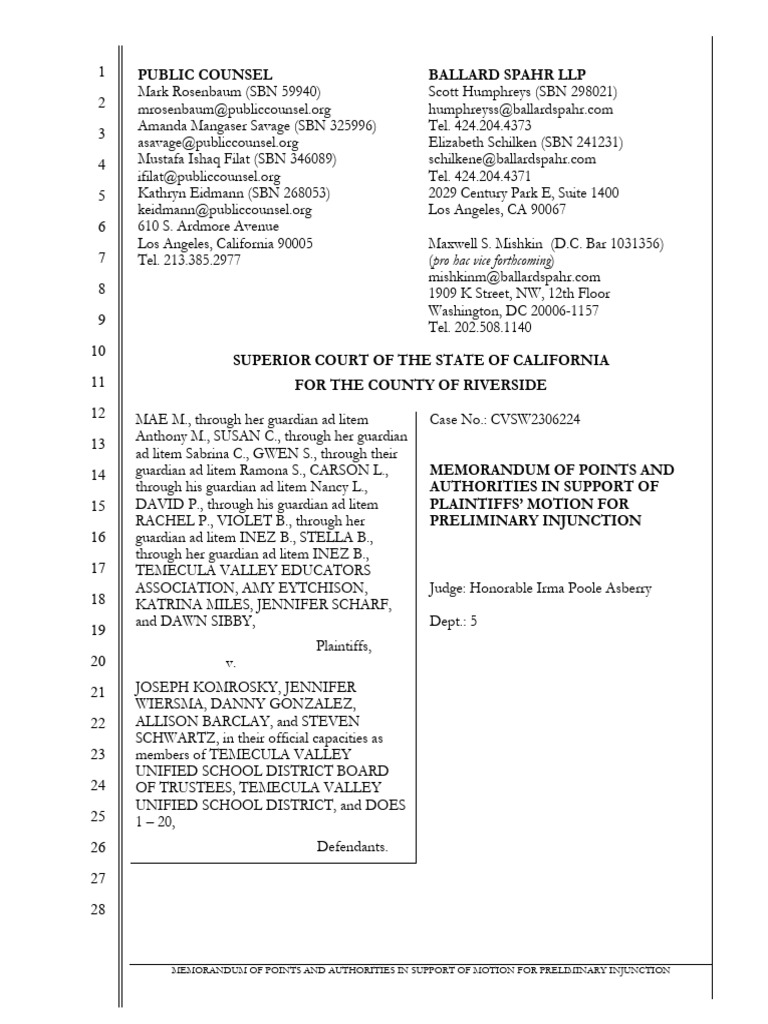 Motion for Preliminary Injunction Against Temecula Valley Unified ...