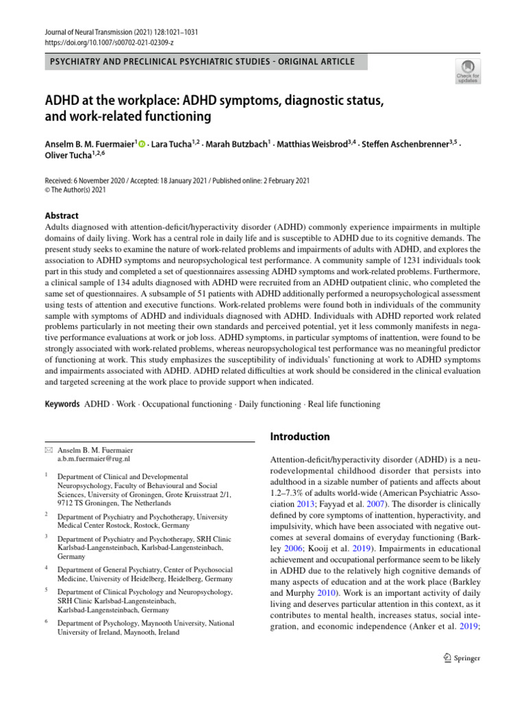ADHD at The Workplace: ADHD Symptoms, Diagnostic Status, and Work Related Functioning | PDF ...