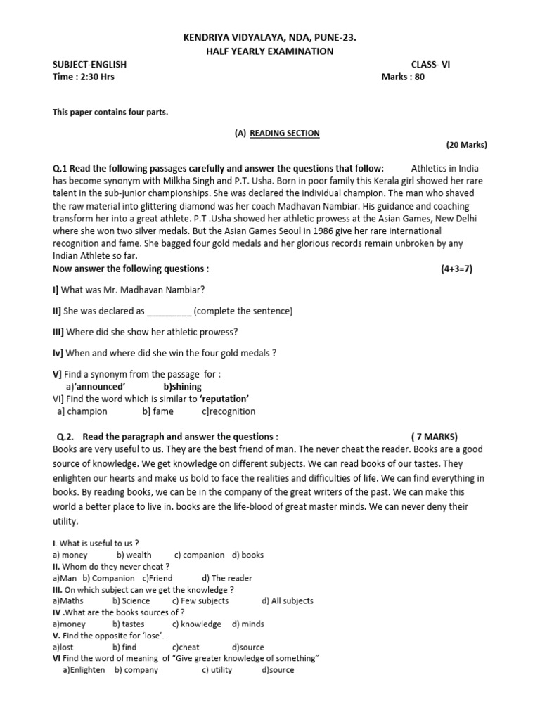 KV Class 6 Half Yearly Exam ENGLISH Model Question Paper 1 | PDF