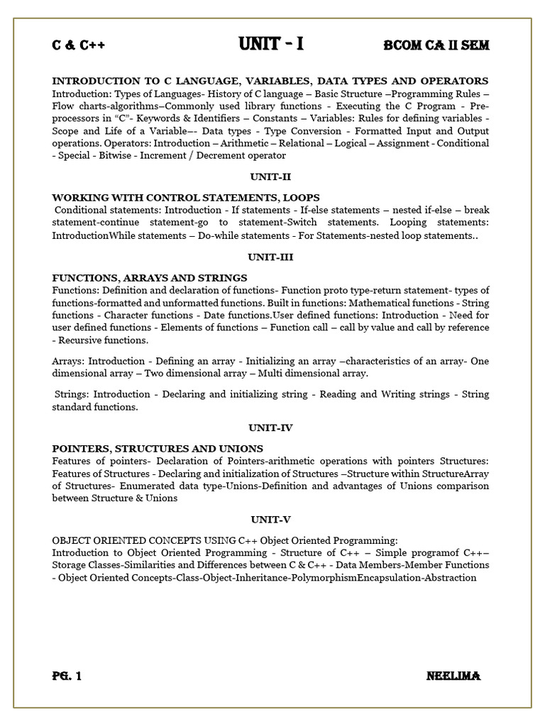 C Lang Unit 1 Pdf Integer Computer Science Variable Computer Science