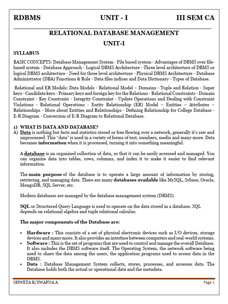 RDBMS Unit - I | PDF | Relational Database | Databases RDBMS Unit - I | PDF | Relational Database | Databases