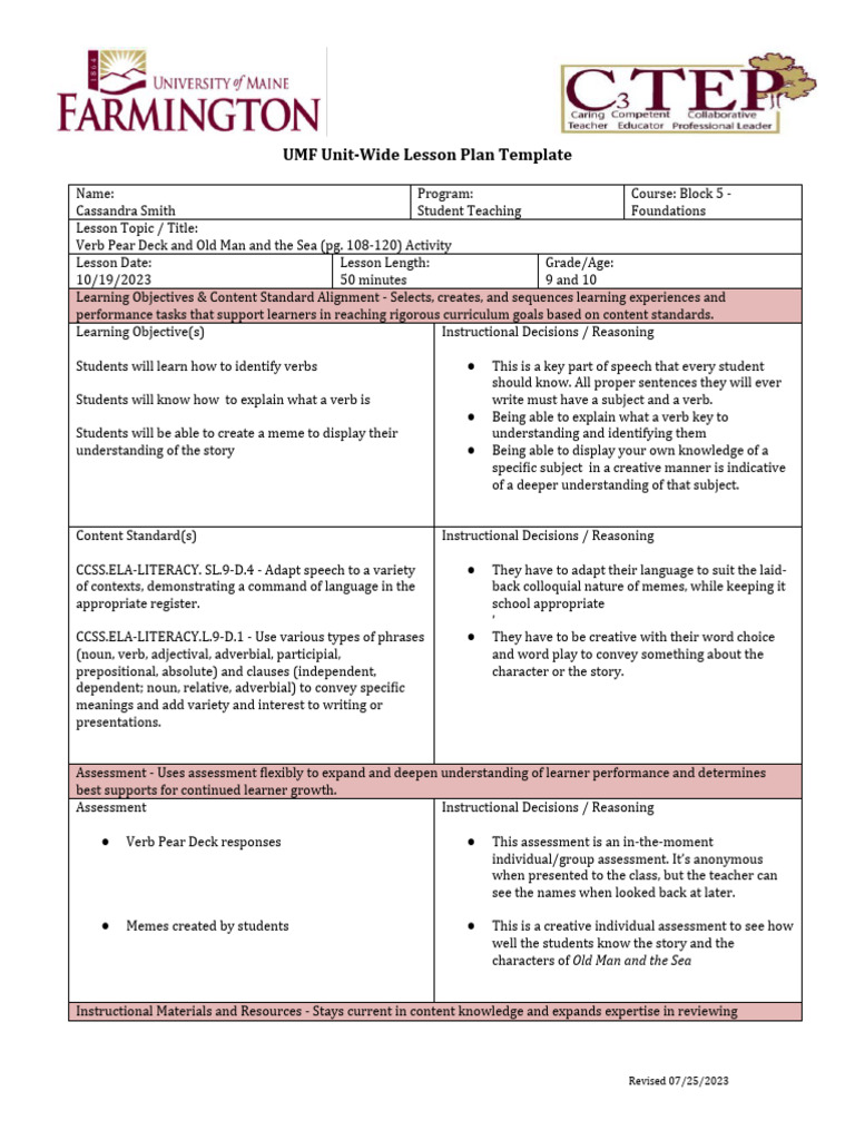 Lesson Plan 10 19 2023 | PDF | Learning | Verb Lesson Plan 10 19 2023 | PDF | Learning | Verb