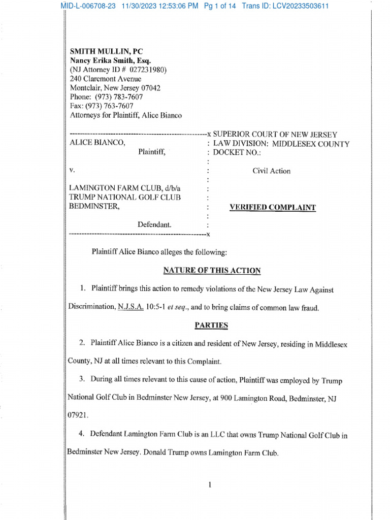 Alice Bianco vs. Lamington Farm Club | PDF | Complaint | Lawsuit