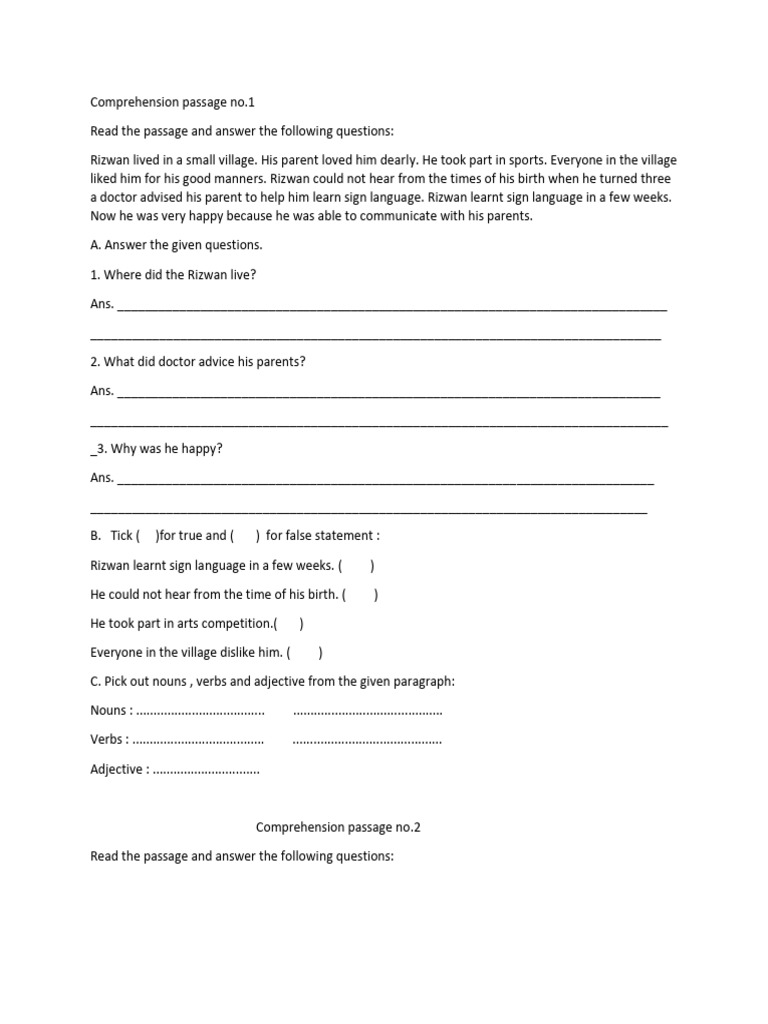 Comprehension Passages Class III | PDF | Noun | Adjective