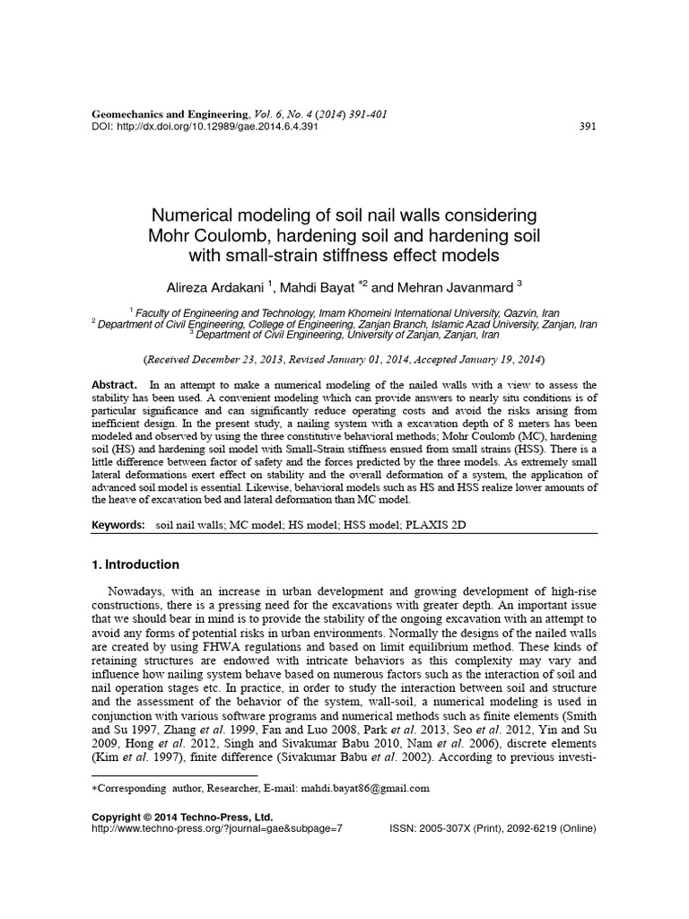 Numerical Modeling of Soil Nail Walls Considering Mohr Coulomb, Hardeninig Soil | PDF | Physical ...