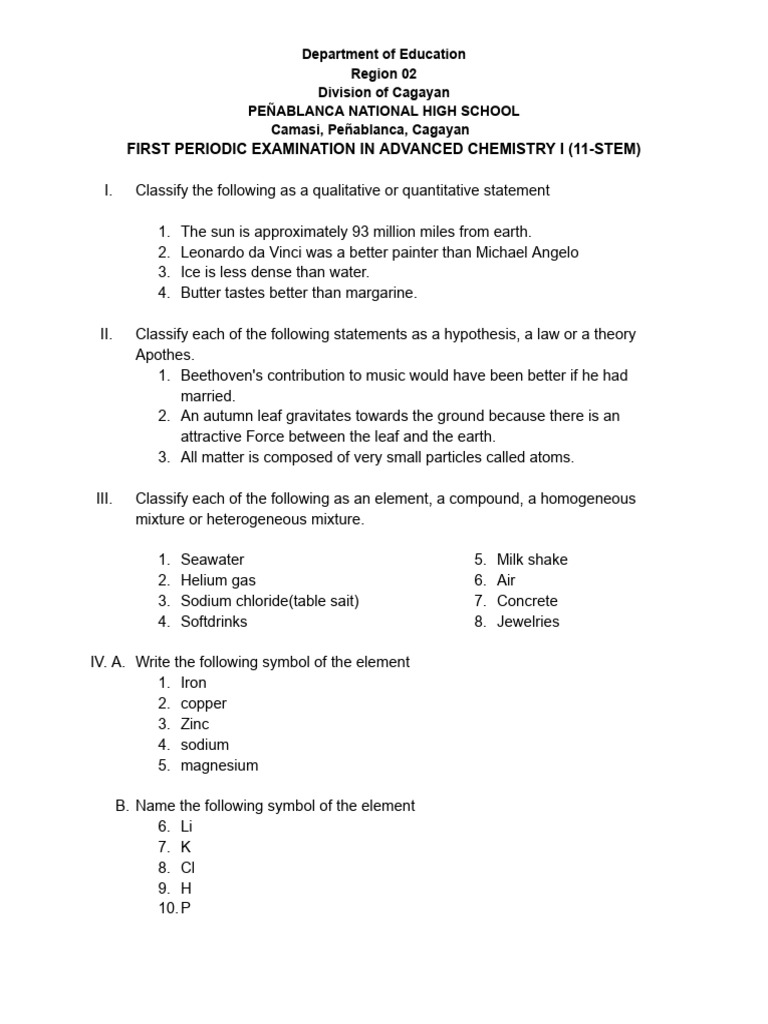 First Periodic Examination in Advanced Chemistry I (11-Stem) | PDF ...