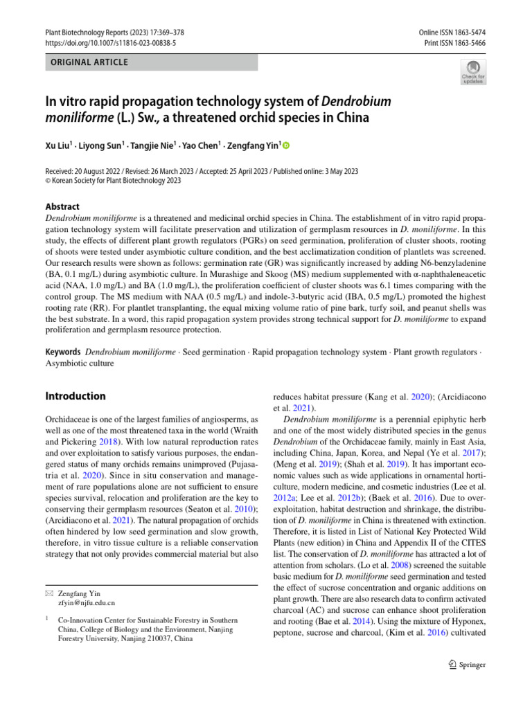 In Vitro Rapid Propagation Technology System of Dendrobium Moniliforme ...