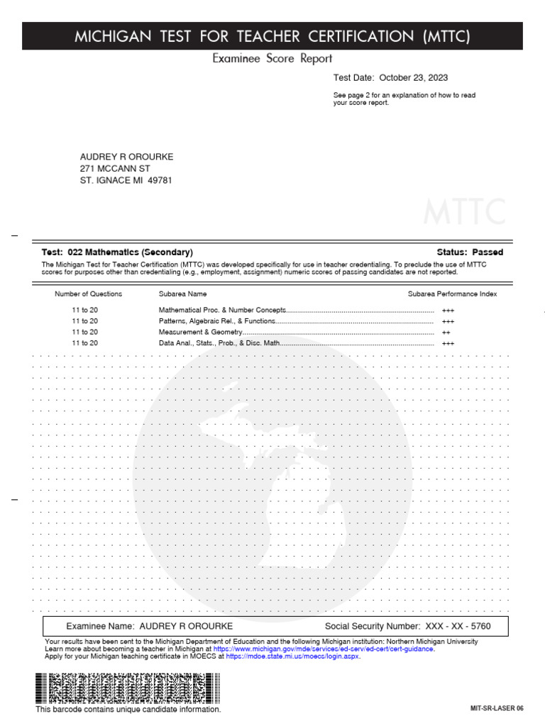 MTTC Score Report | PDF | Multiple Choice | Learning