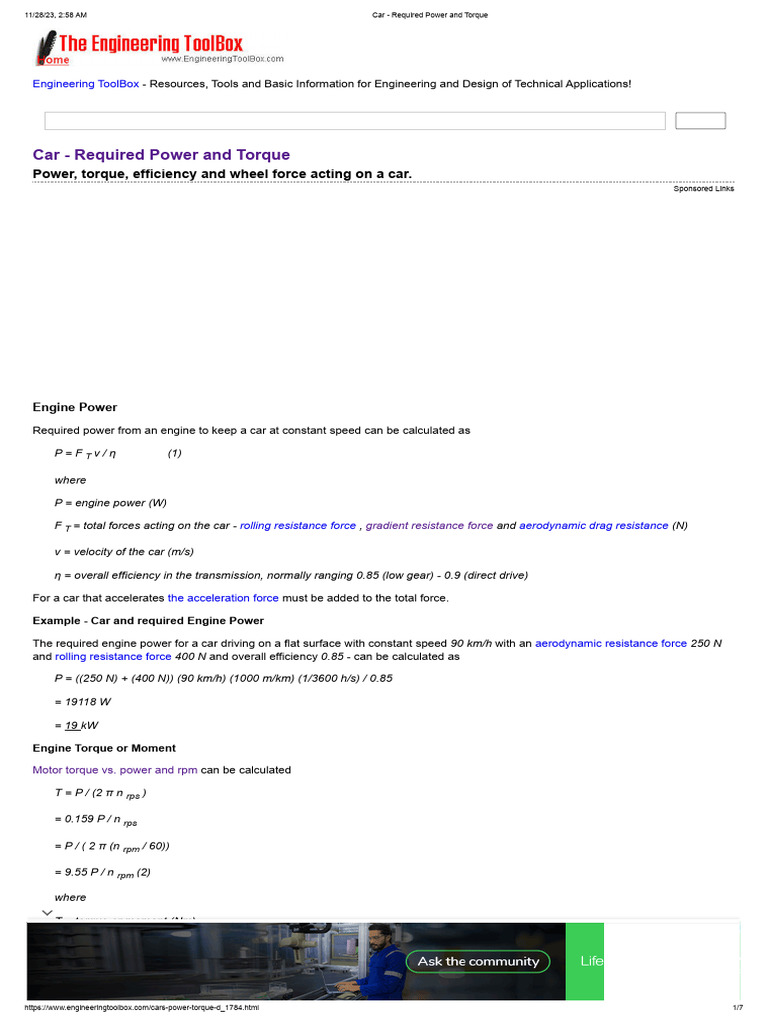 Car - Required Power and Torque | PDF | Force | Acceleration