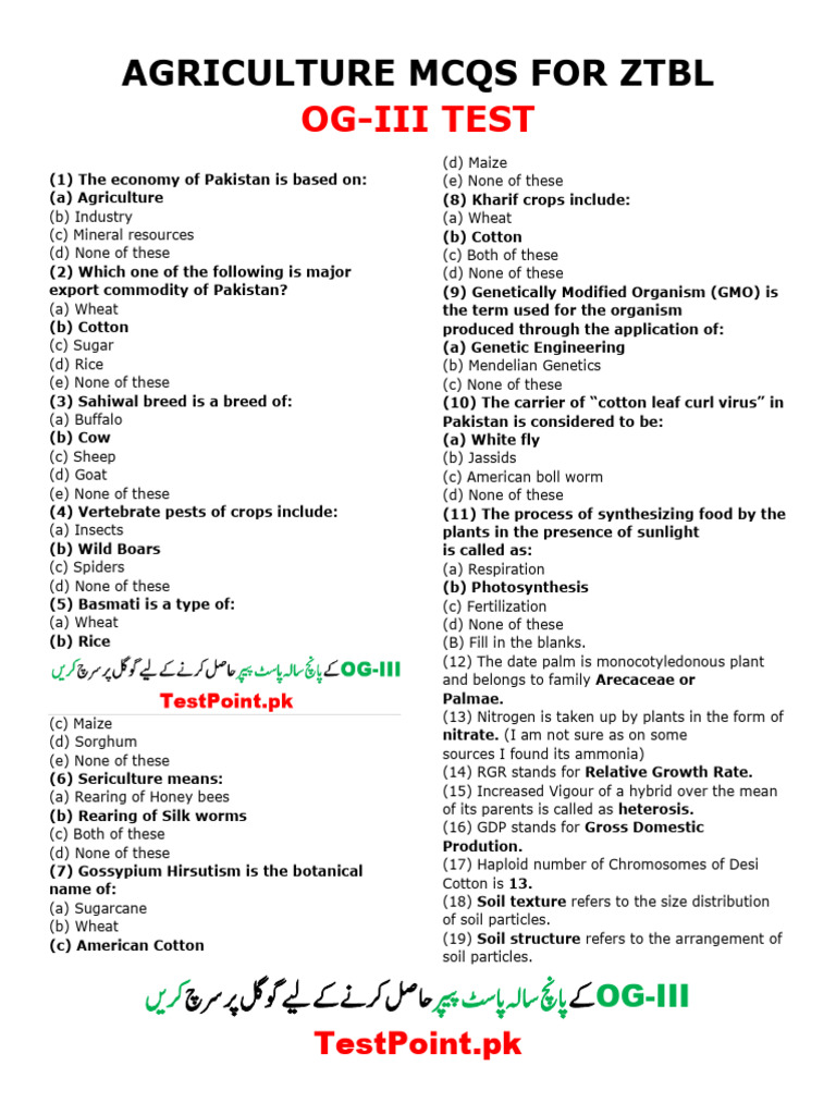 AGRICULTURE MCQS FOR ZTBL by Testpoint | PDF | Ploidy | Agriculture