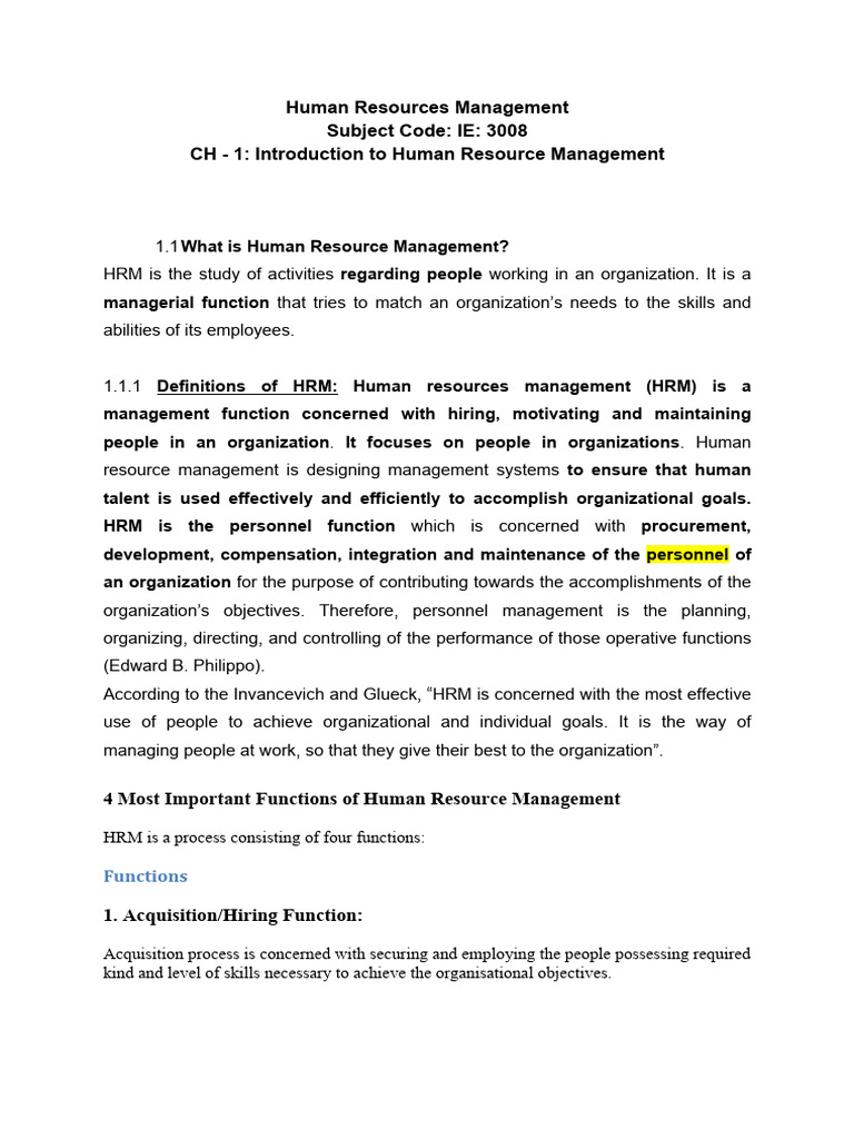 Human Resources Management Subject Code: IE: 3008 CH - 1: Introduction ...