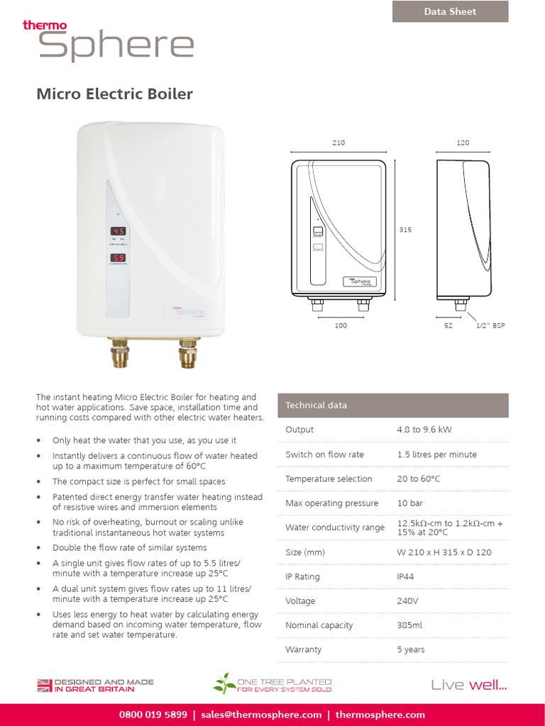 ThermoSphere Micro Electric Boiler MEB Data Sheet | PDF | Water Heating ...