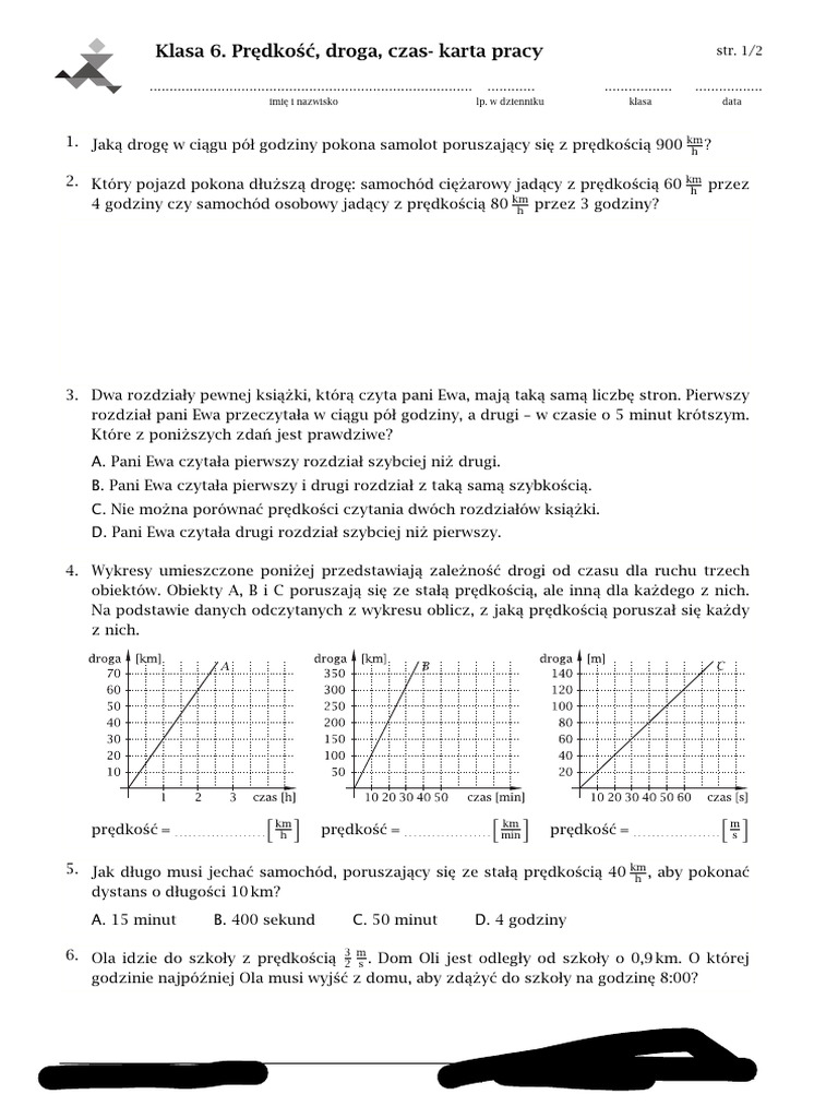 Klasa 6. Prędkość, Droga, Czas-Karta Pracy: KM H KM H KM H | PDF