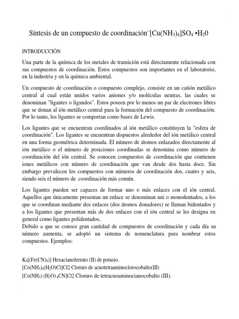 Síntesis de [Cu(NH3)4]SO4 •H2O | PDF | Ligando | Compuestos químicos