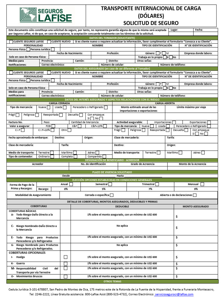Formulario Solicitud Poliza Carga Intl | PDF | Póliza de seguros | Seguro
