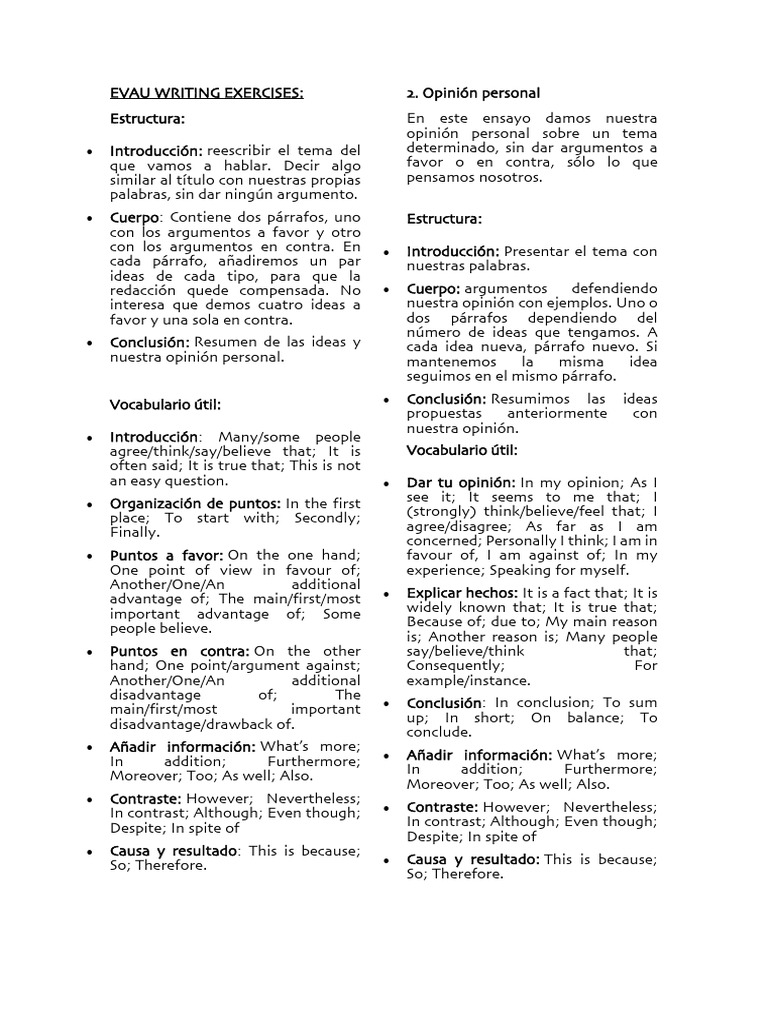 Evau Writing Exercises PDF