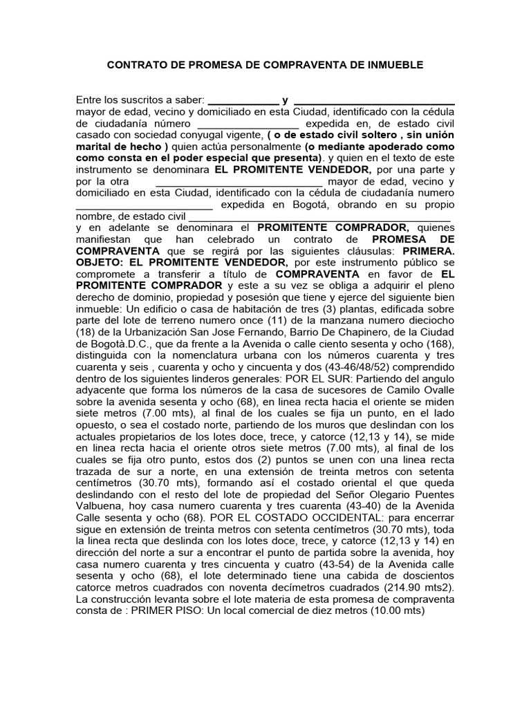 Modelo Contrato de Promesa de Venta de Inmueble Urbano 1 | PDF | Derecho y economía | Derecho ...