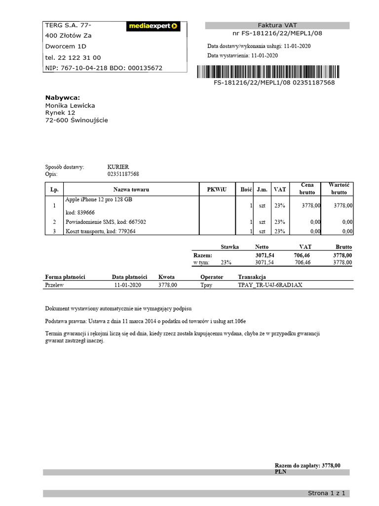 Faktura Iphone 12 PRO | PDF